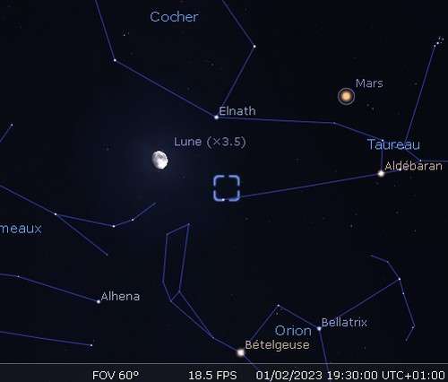 La Lune en rapprochement avec Elnath et la nébuleuse du Crabe