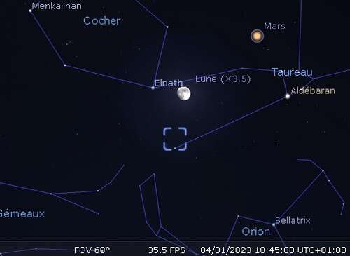La Lune en rapprochement avec Elnath et la nébuleuse du Crabe