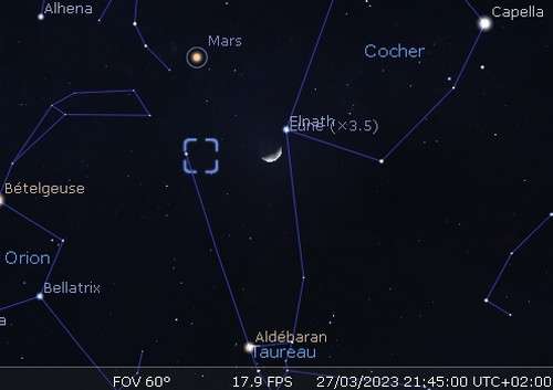 La Lune en rapprochement avec Elnath et la nébuleuse du Crabe